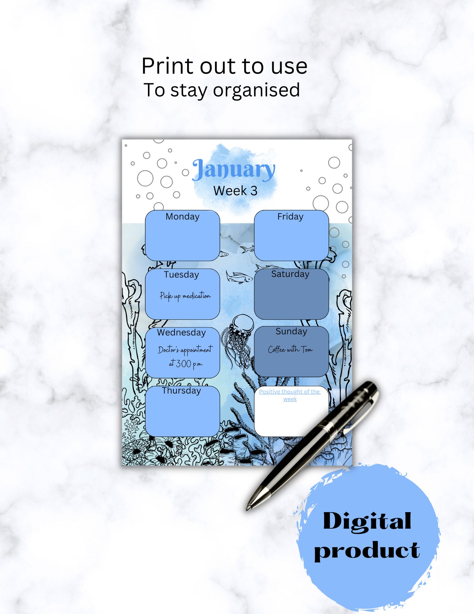 Digital Template Blue Weekly Planner, Sea Life, Organization and ...