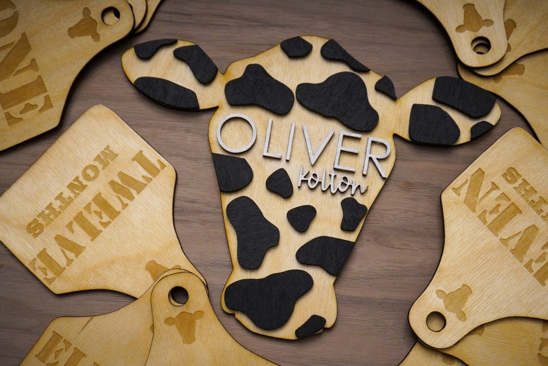 Customized Cow Baby Birth Announcement Name Sign and Cow Tag Monthly ...