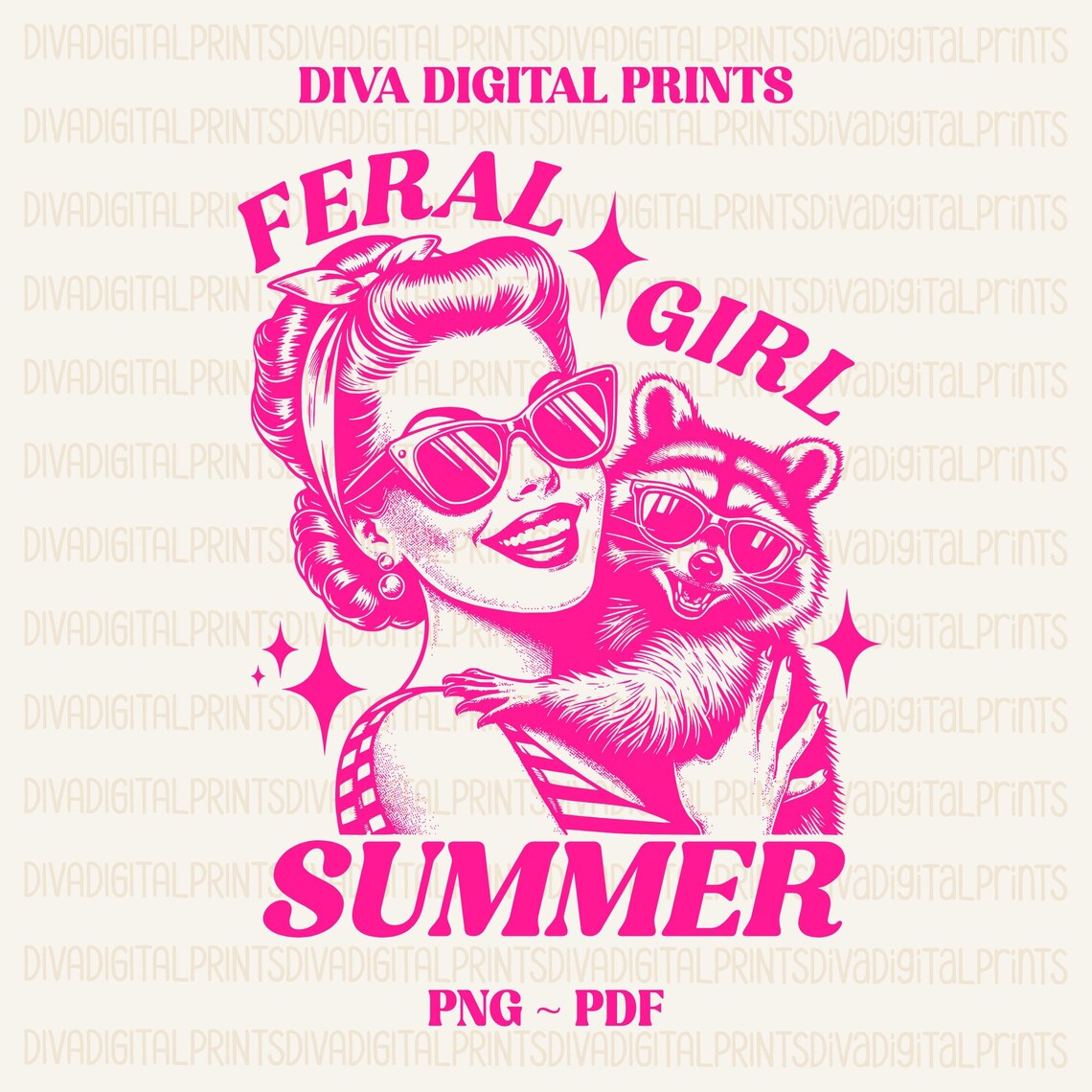 Feral Girl Summer PNG, Retro Raccoon Design (PDF) - Etsy