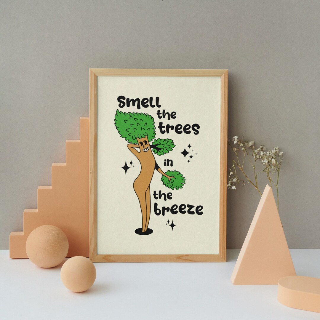 Retro Tree Character Wall Art Smell the Trees Retro Quote - Etsy