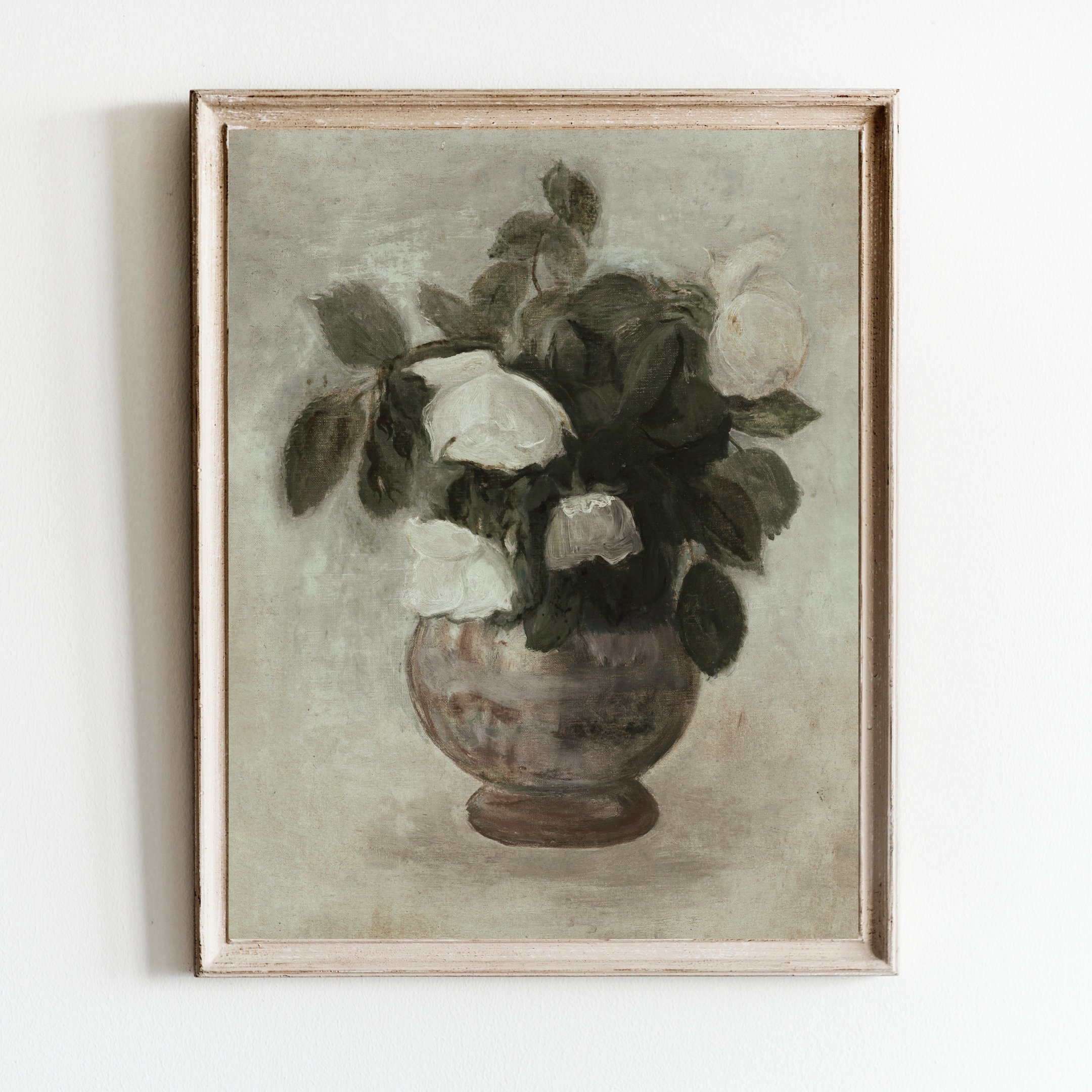 Vintage Botanical Art Neutral Still Life Painting White Roses Art Print ...