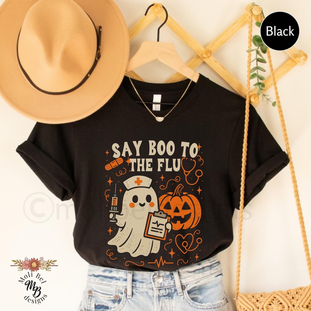 Retro Say Boo to the Flu Nurse Ghost Halloween Vaccine T-shirts Spooky ...