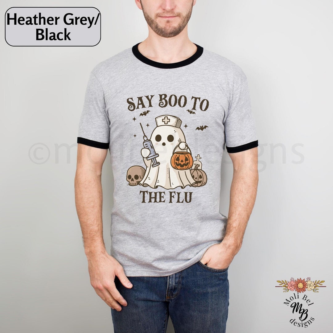 Retro Say Boo to the Flu Nurse Ringer T-shirt Flu Vaccine Halloween ...