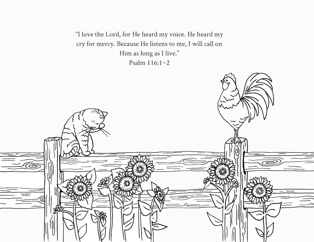 Farm Animals and Sunflowers Digital Coloring Page, Includes Bible ...