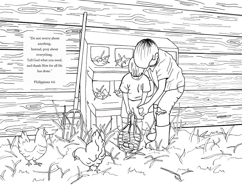 Collecting Eggs on the Farm Coloring Page, Includes Bible Memory Verse ...