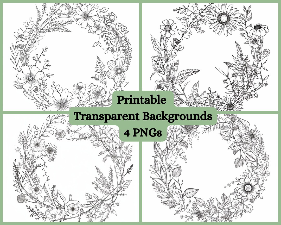 4 Printable Floral Wreath Line Art, Transparent PNG Backgrounds ...
