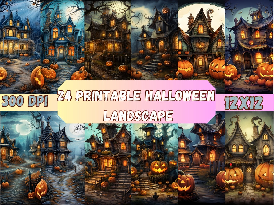 24 Printable Halloween Landscape Digital Paper,watercolor Halloween ...