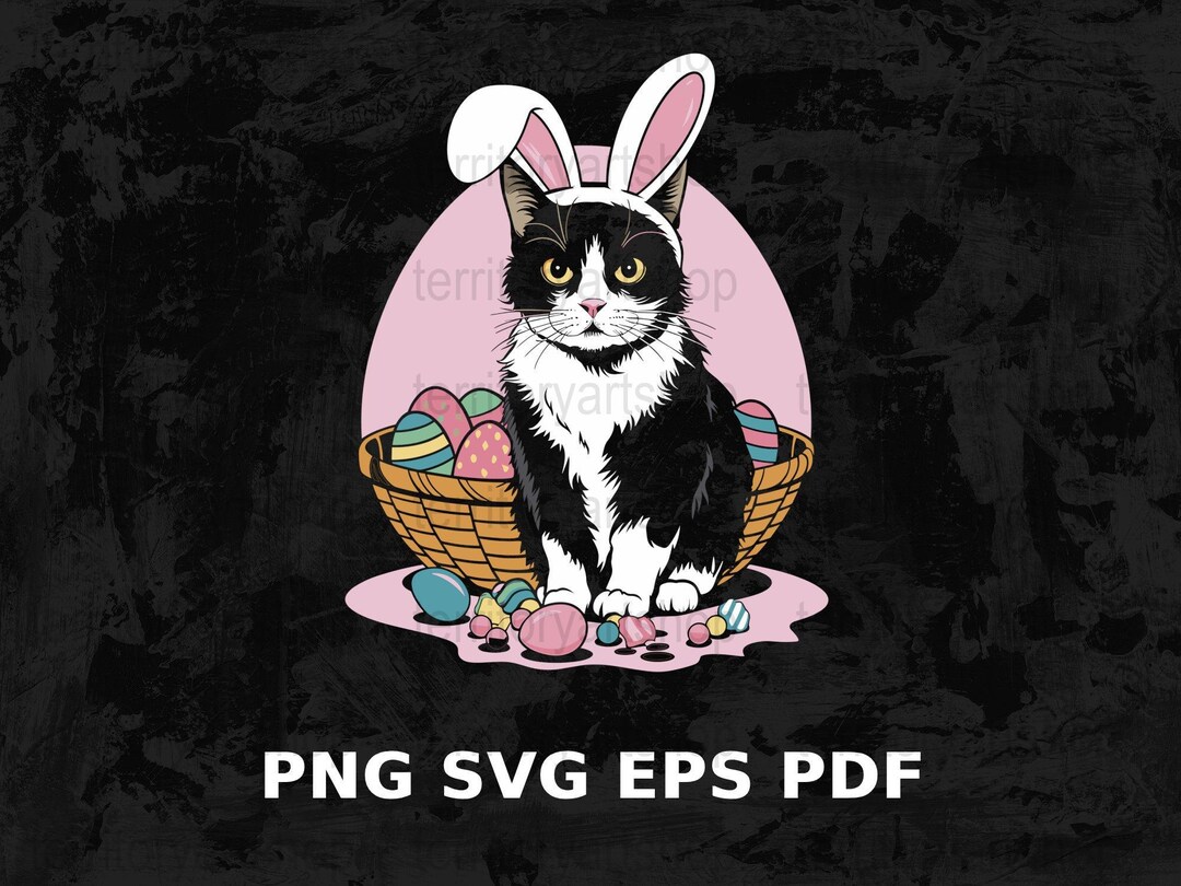 Cute Cat Easter Digital Art Print, Bunny Ears Cat Illustration, Easter ...