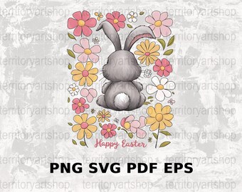 Happy Easter - Bunny & Flowers - Instant Digital Download/print - PNG ...