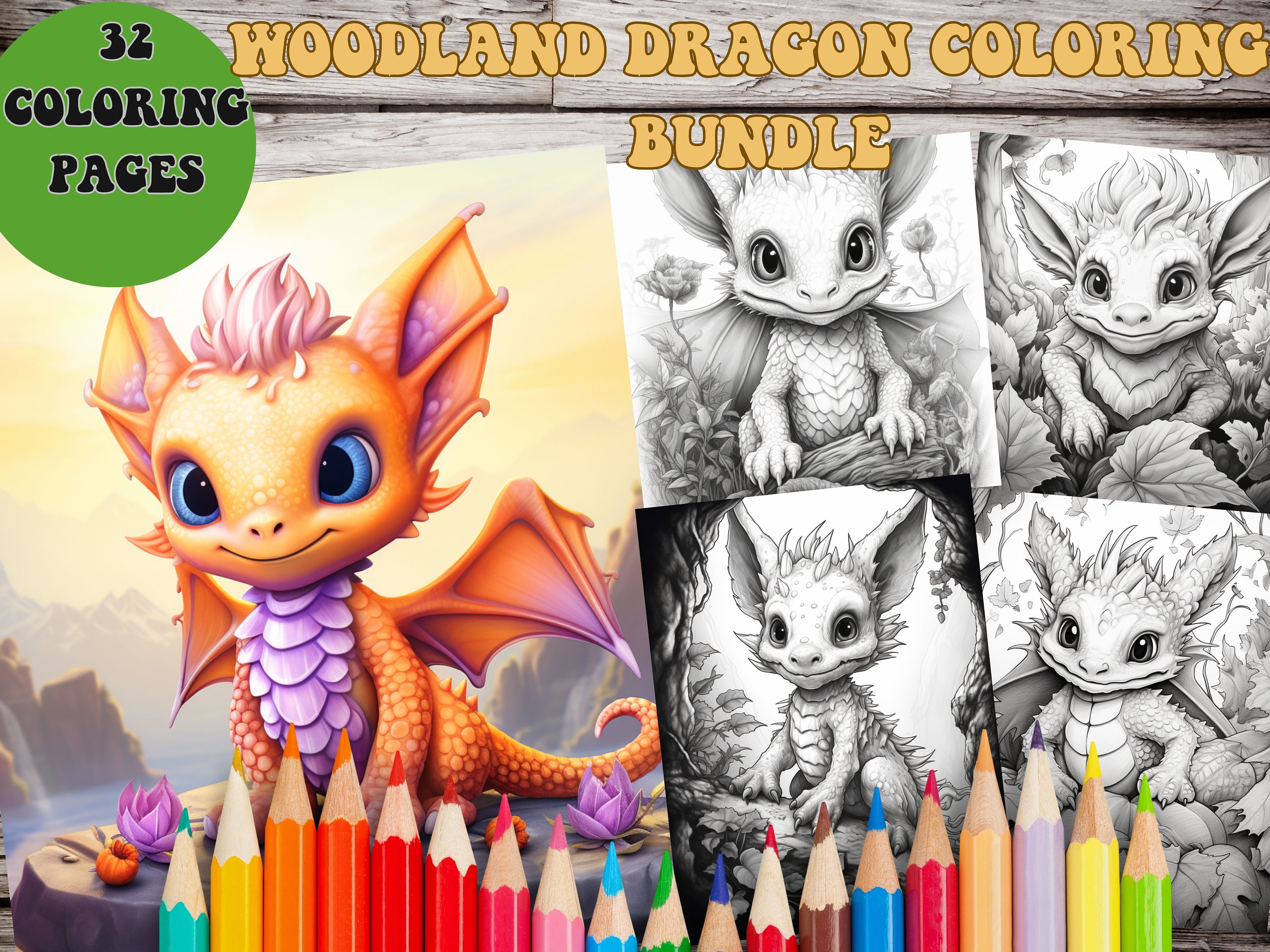 32 Baby Woodland Dragon Coloring Page Book,adults & Kids , Grayscale ...