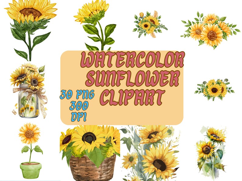 30 Sunflower Flowers PNG, Watercolor Floral Clipart Bouquets,watercolor ...