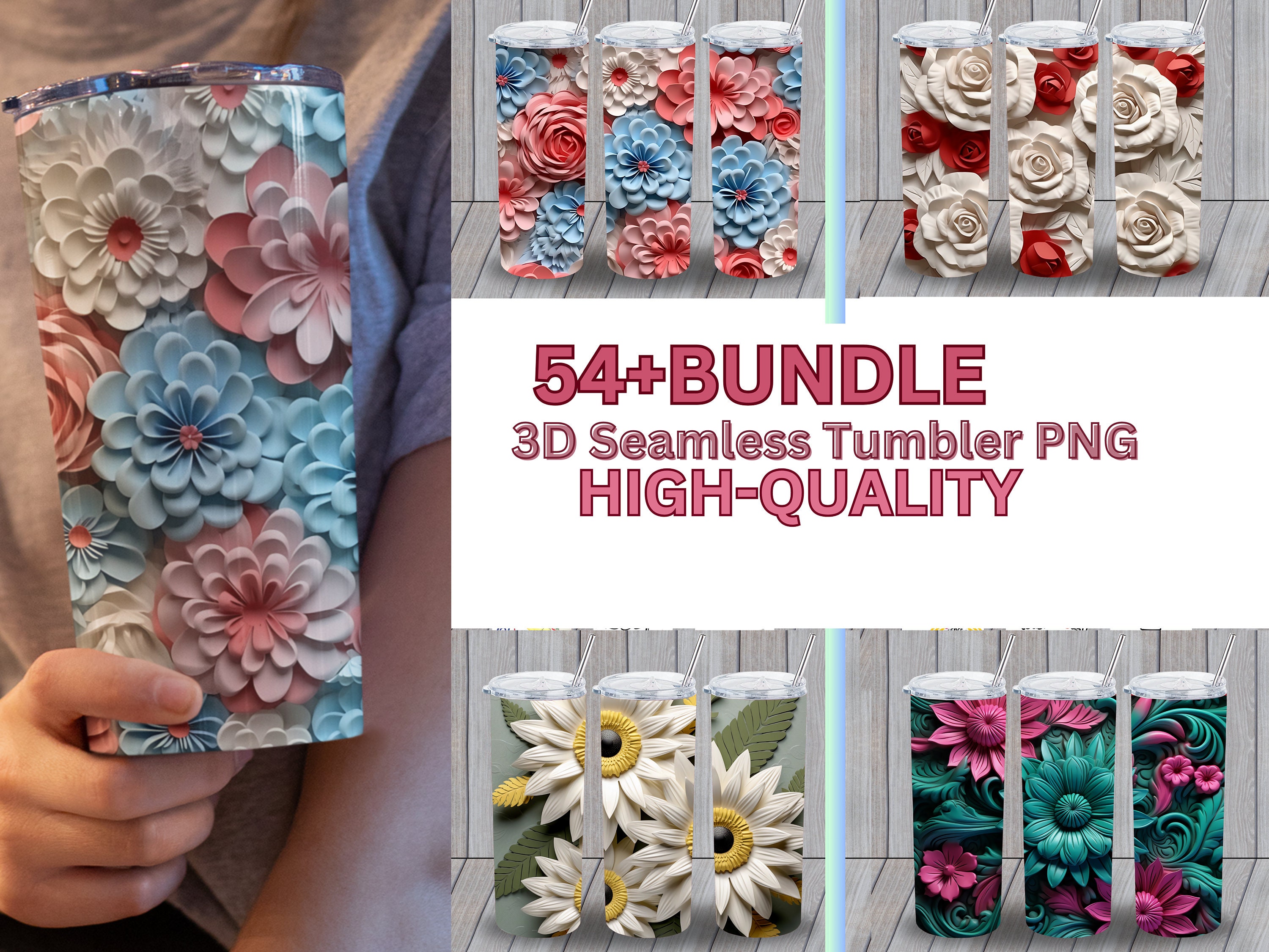 54 Designs of 3D Floral Tumbler Wrapped Tumbler PNG Skinny - Etsy