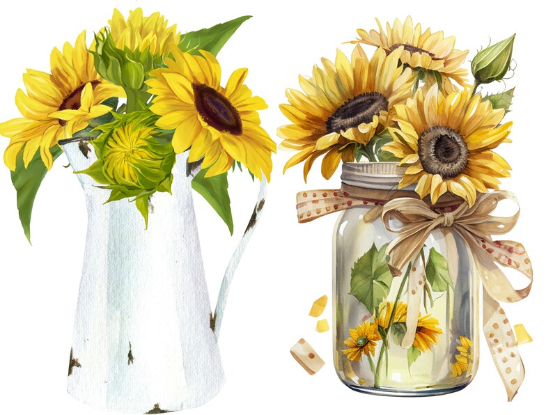 30 Sunflower Flowers PNG, Watercolor Floral Clipart Bouquets,watercolor ...