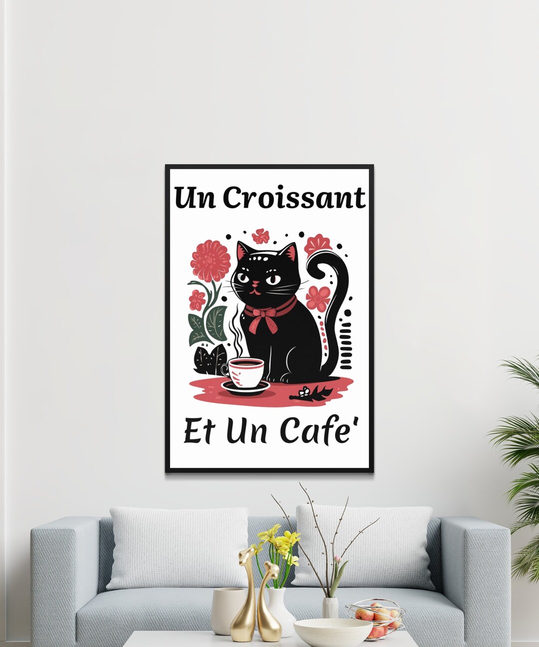 French Cat Wall Art, Cute Feline With Croissant and Cafe Illustration ...