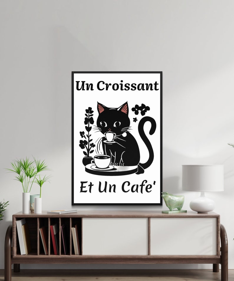 Cat Cafe Wall Art, French Kitchen Decor, Black Cat Drinking Coffee ...