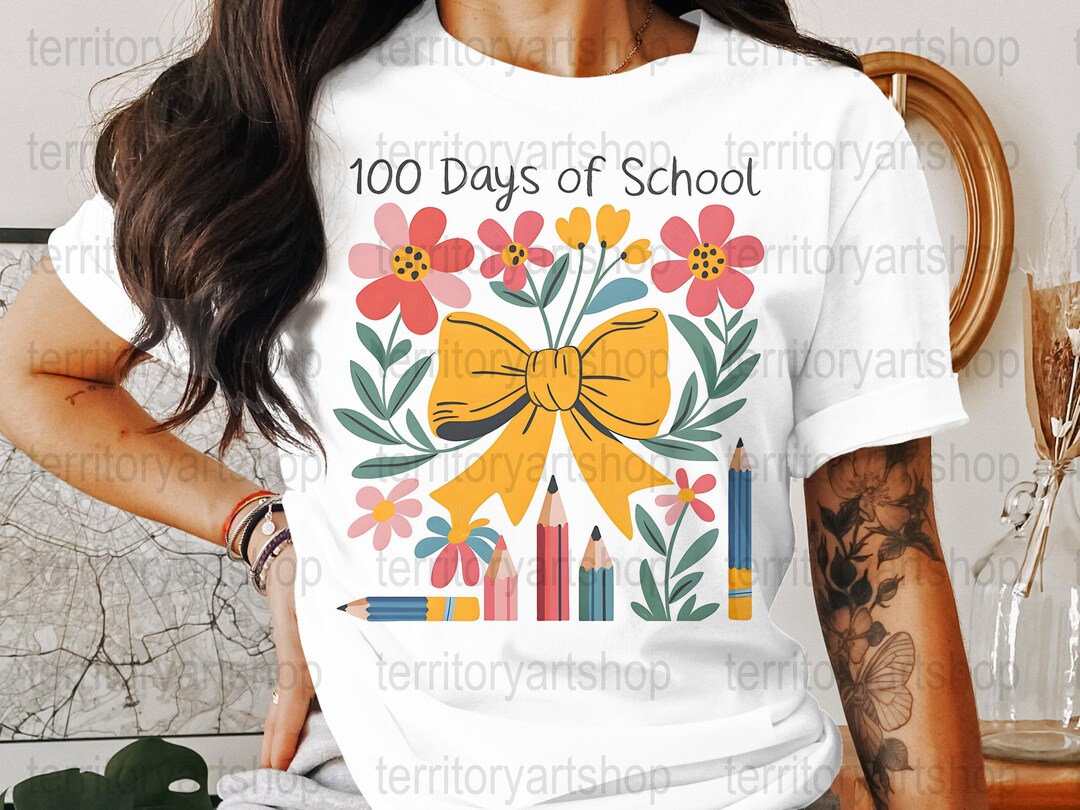 100 Days of School Digital Art, Floral and Pencil Design, Instant ...