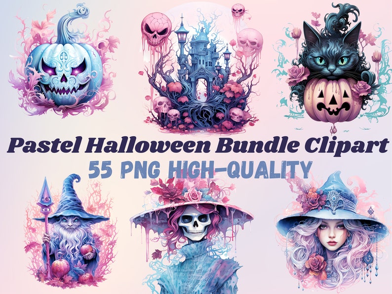 55 PNG Watercolour Pastel Halloween Bundle Clipart Cute Pink - Etsy