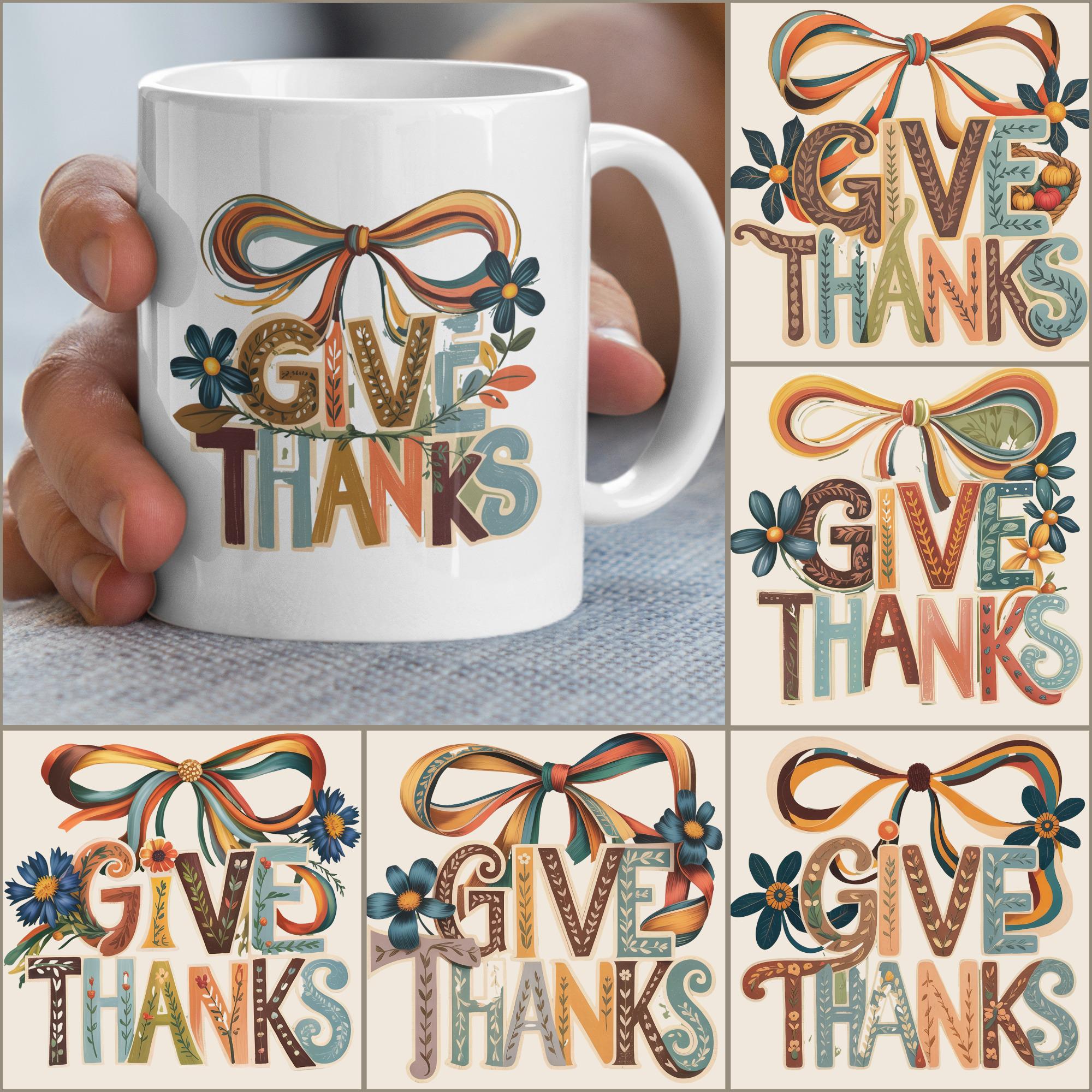 Give Thanks Digital, Fall Floral PNG, Autumn Bow Design, Thanksgiving ...