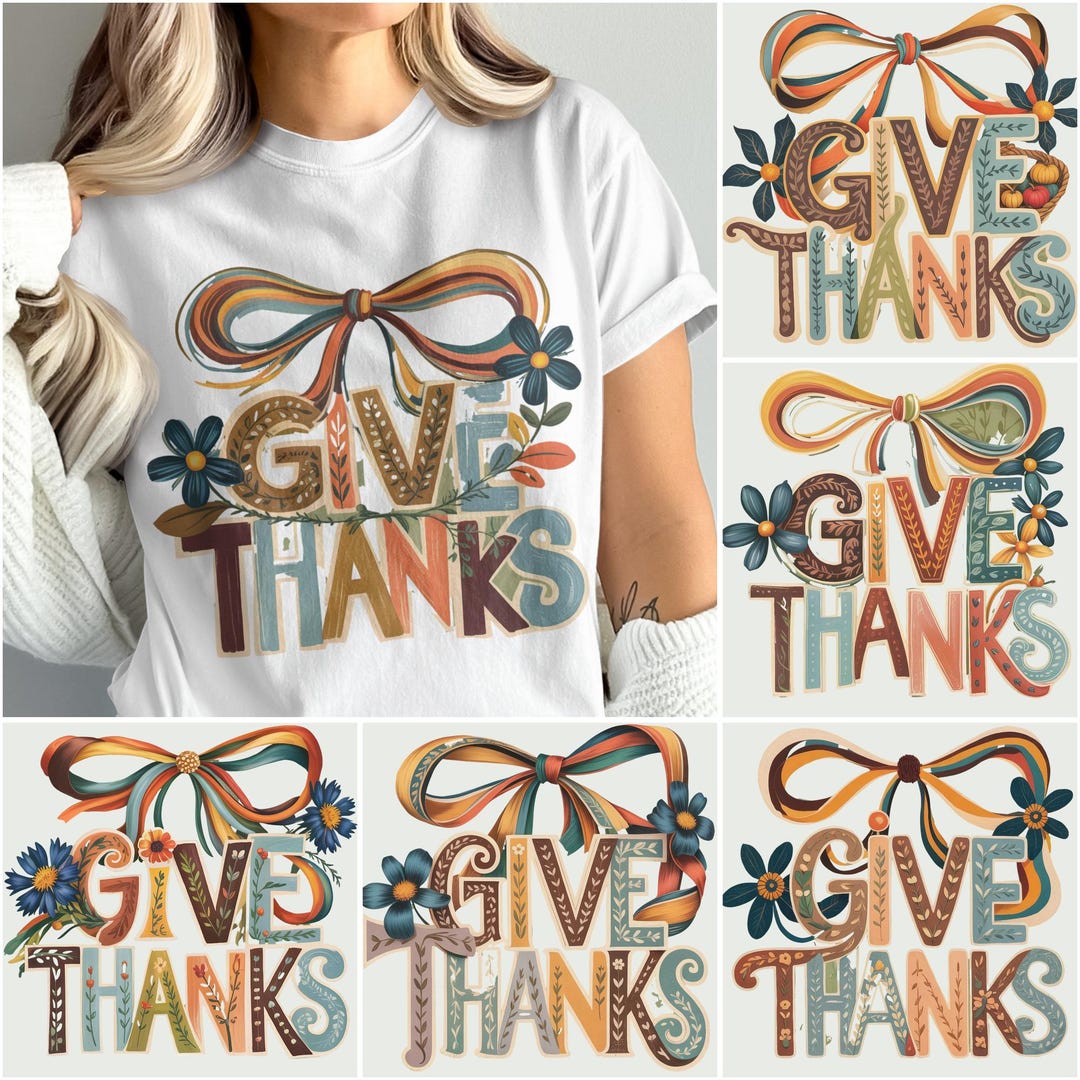 Give Thanks Digital, Fall Floral PNG, Autumn Bow Design, Thanksgiving ...