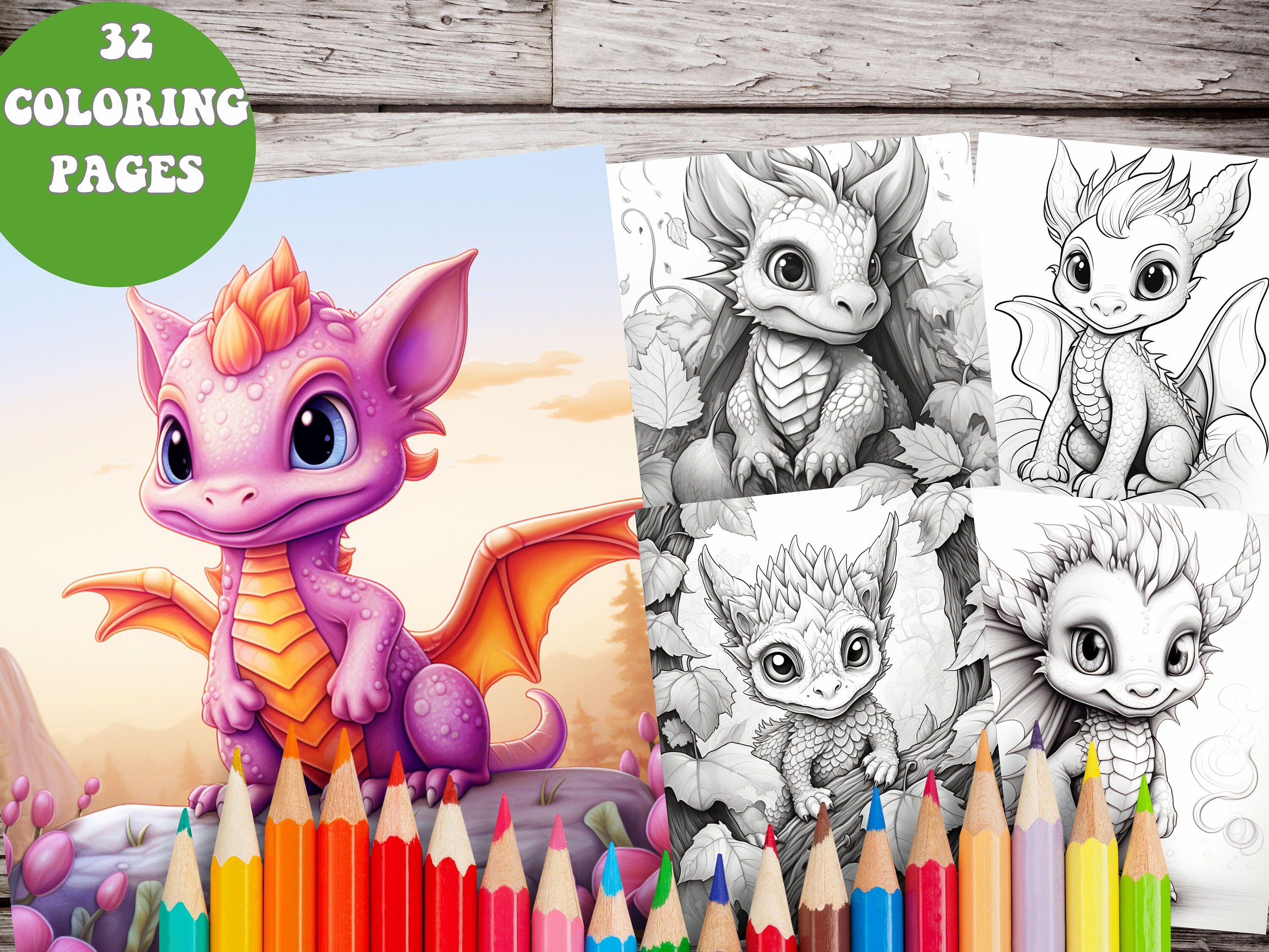 32 Baby Woodland Dragon Coloring Page Book,adults & Kids , Grayscale ...