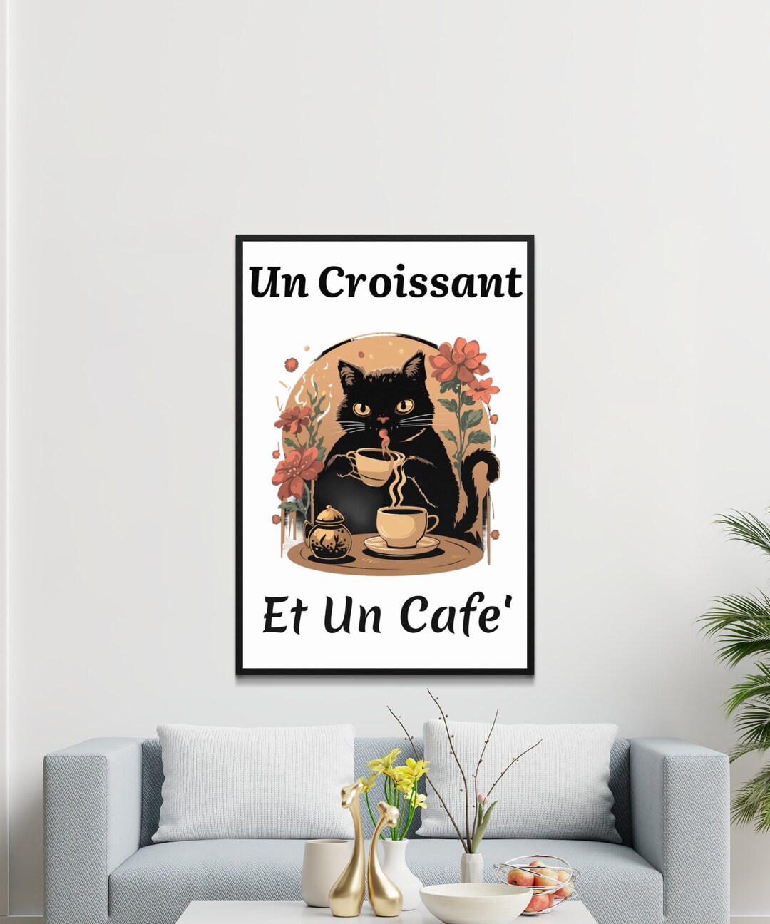 Black Cat French Cafe Wall Art, Cute Cat Drinking Coffee Poster ...