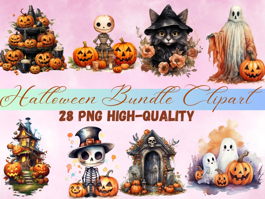 28 PNG Watercolour Vintage Halloween Bundle Clipart, Retro Halloween ...