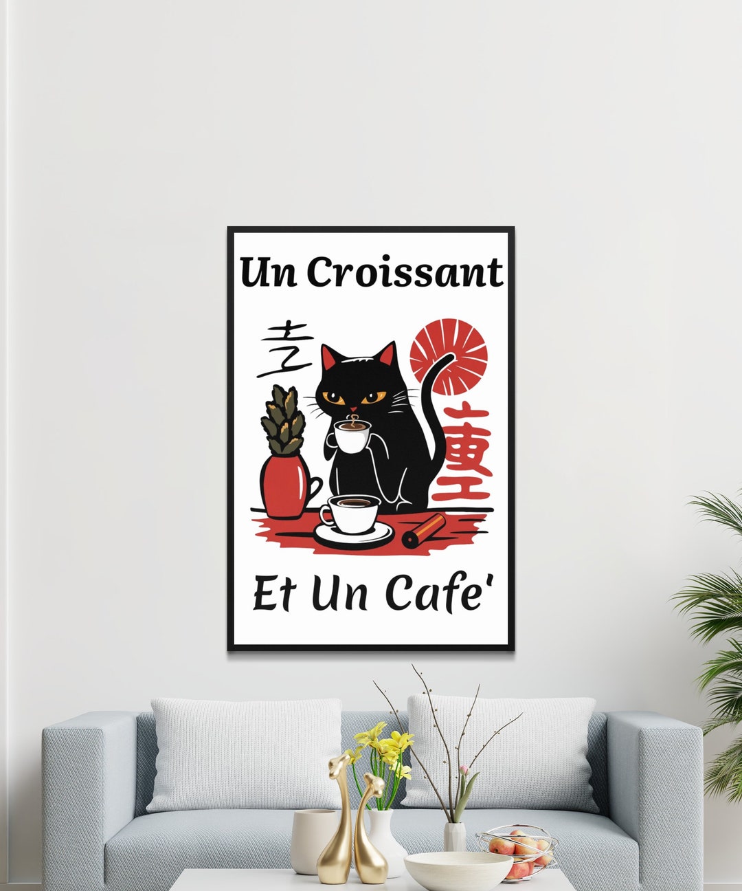 Black Cat French Cafe Wall Art, Un Croissant Et Un Café Poster ...