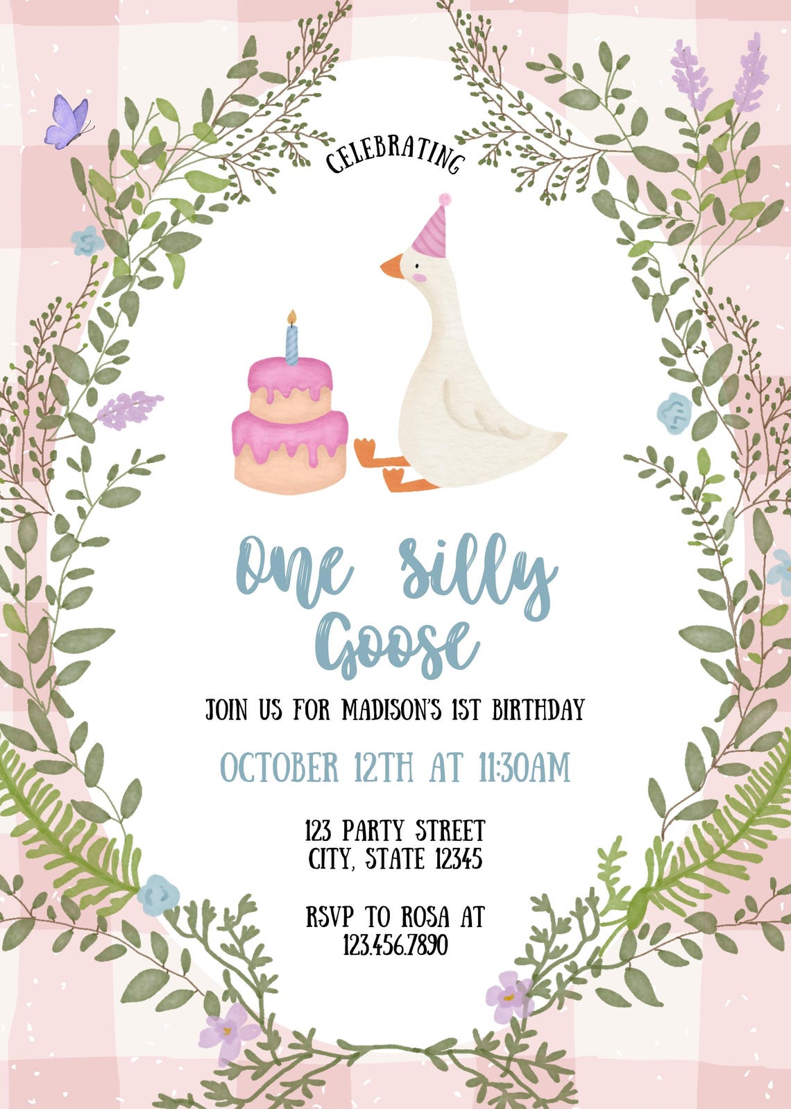 ONE SILLY GOOSE Canva Template: First Birthday Girl Flowers Butterfly ...