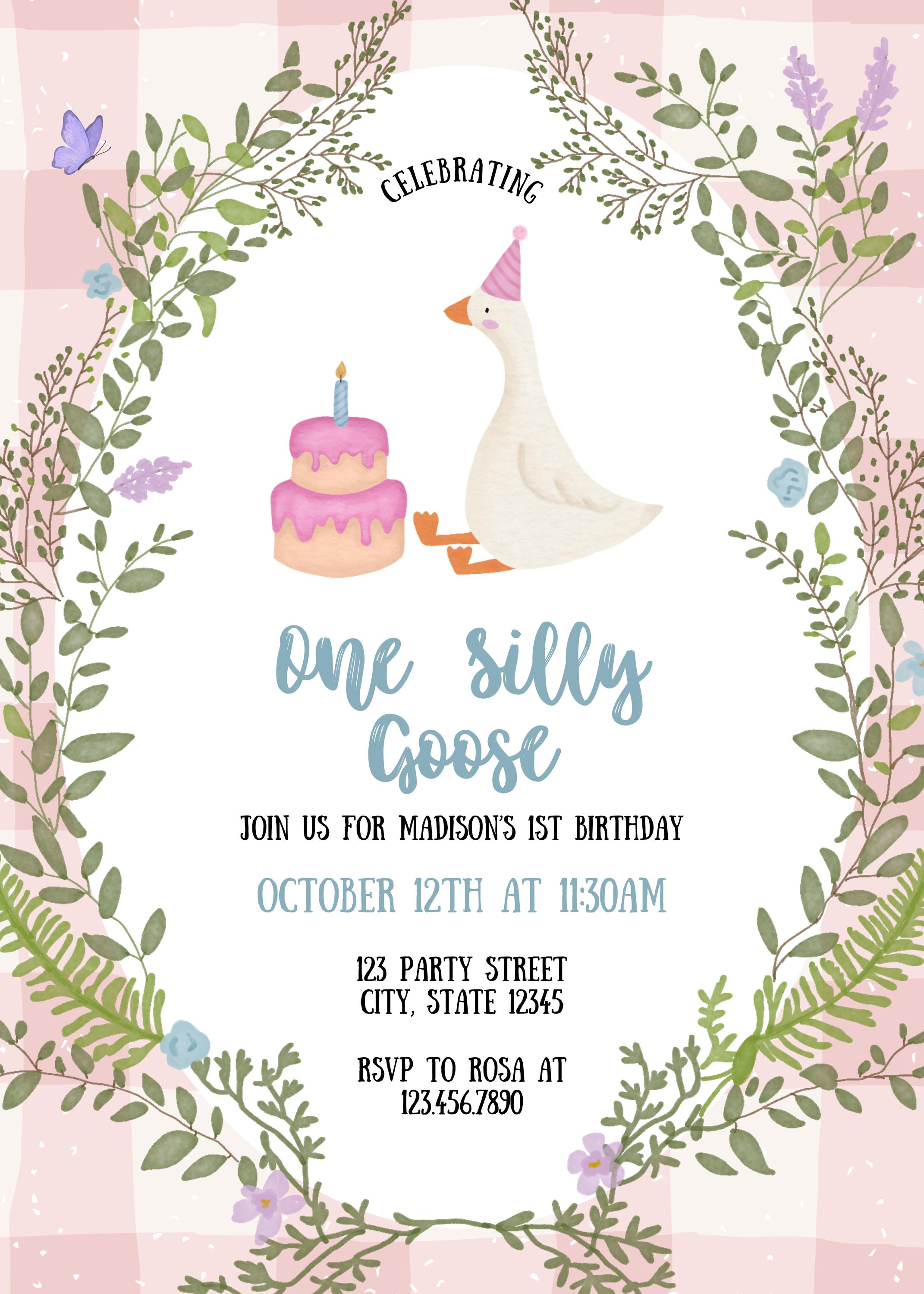 ONE SILLY GOOSE Canva Template: First Birthday Girl Flowers Butterfly ...