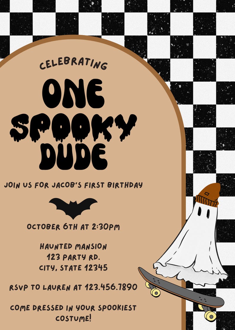ONE SPOOKY DUDE, Canva Template: Halloween Ghosr Boy First Birthday ...