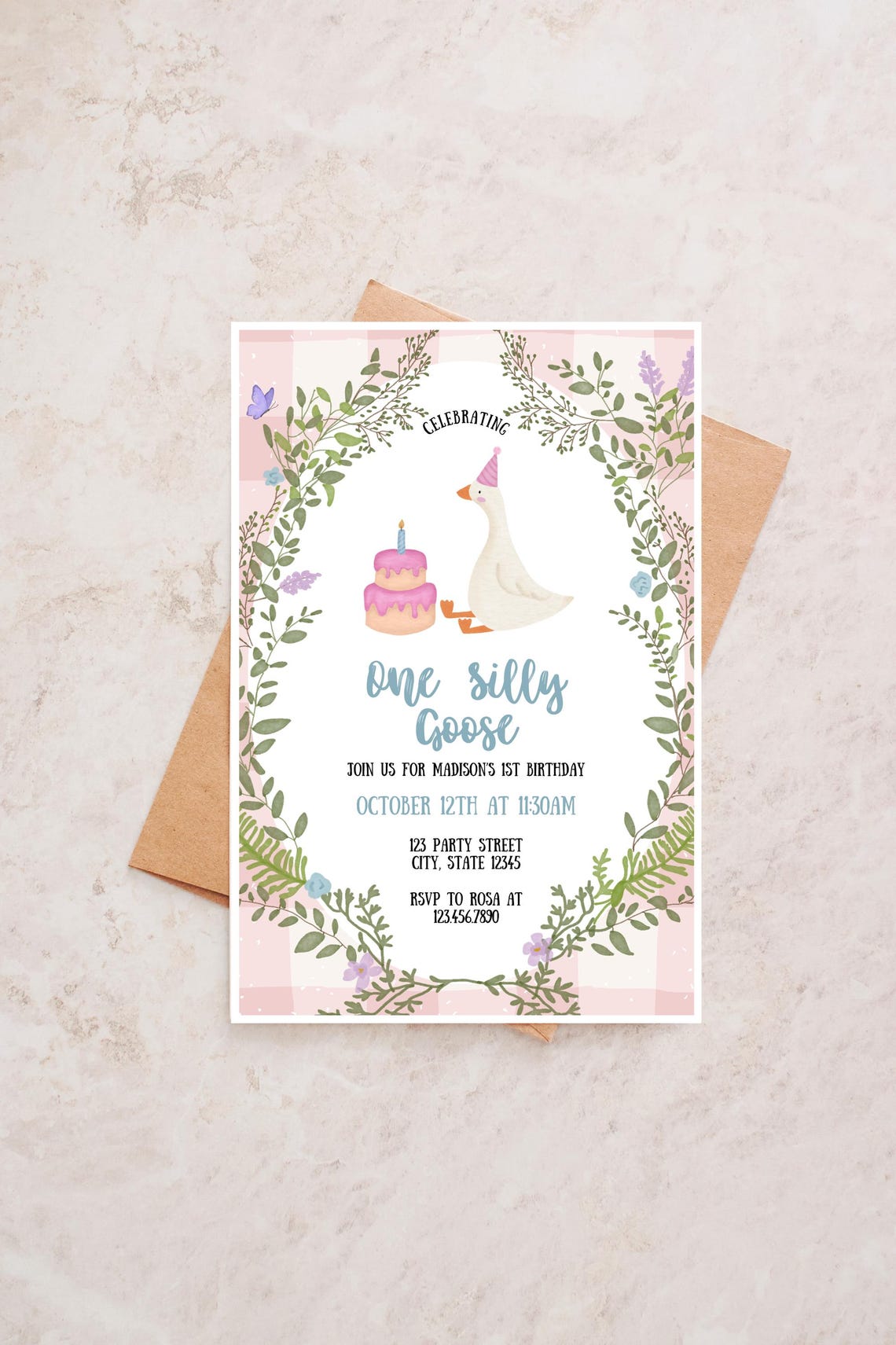 ONE SILLY GOOSE Canva Template: First Birthday Girl Flowers Butterfly ...
