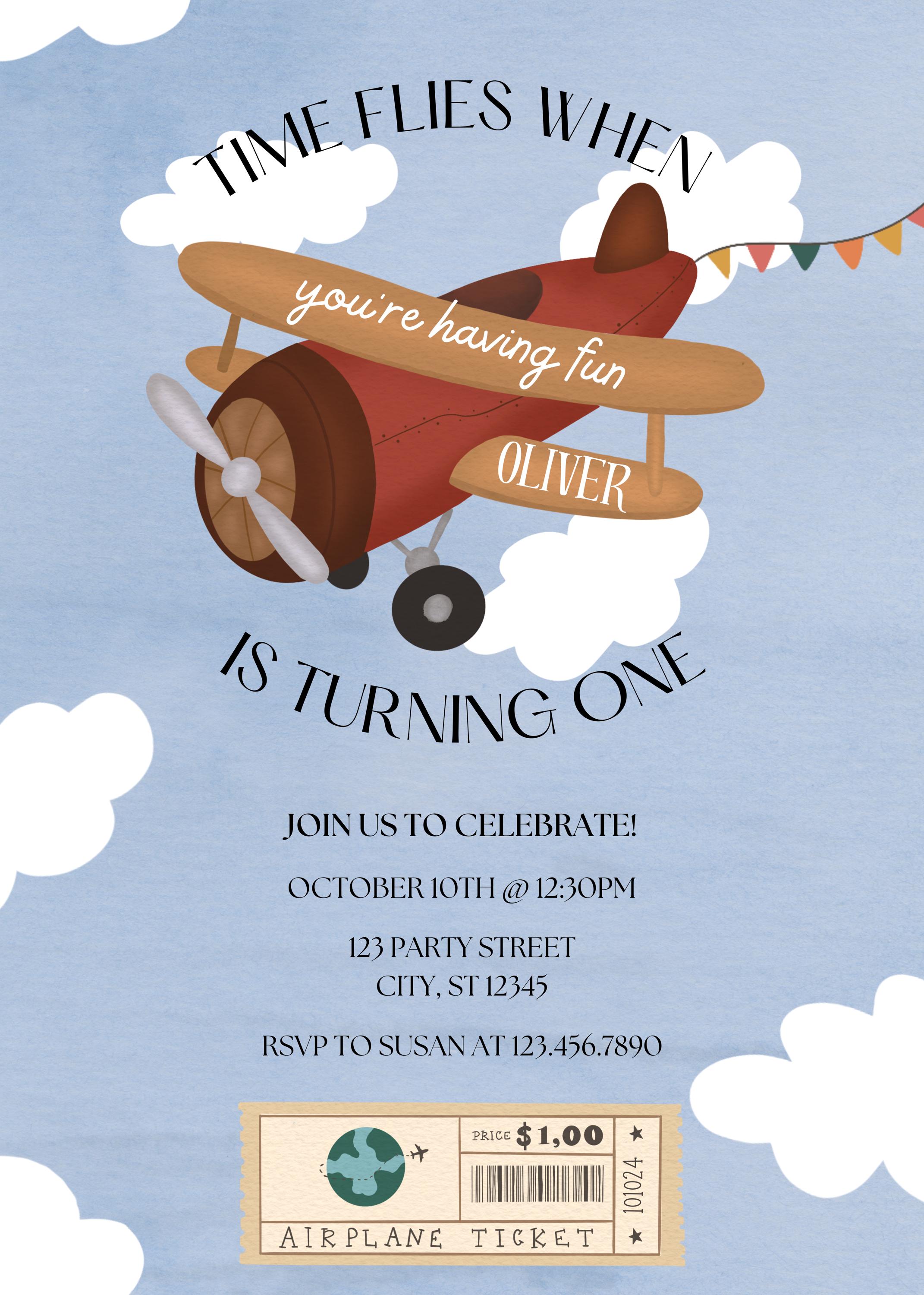 Time Flies, Canva Template: Airplane Vintage Flight Boy First Birthday ...