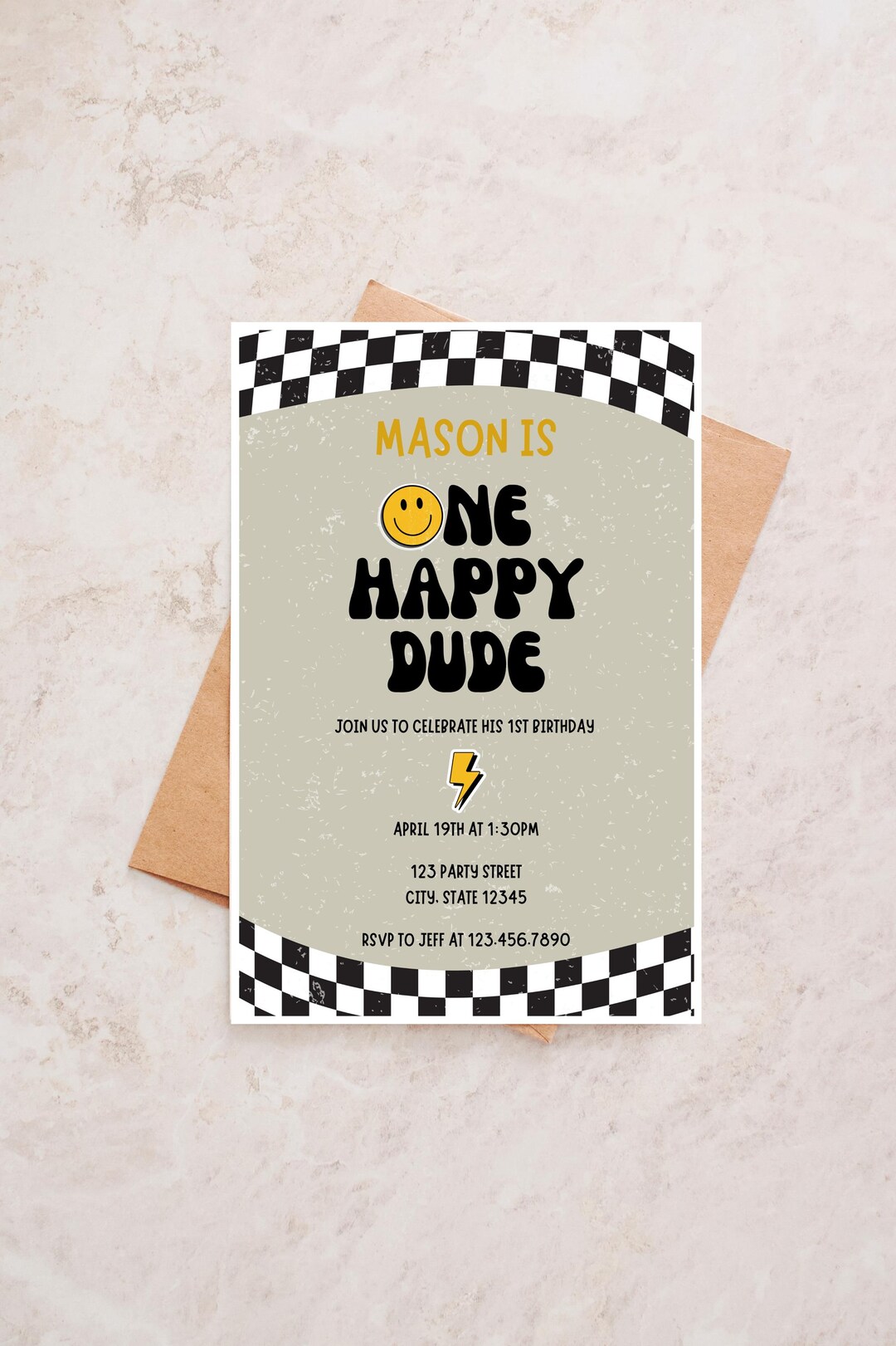 ONE HAPPY DUDE, Canva Template: Checkered Retro Boy First Birthday ...