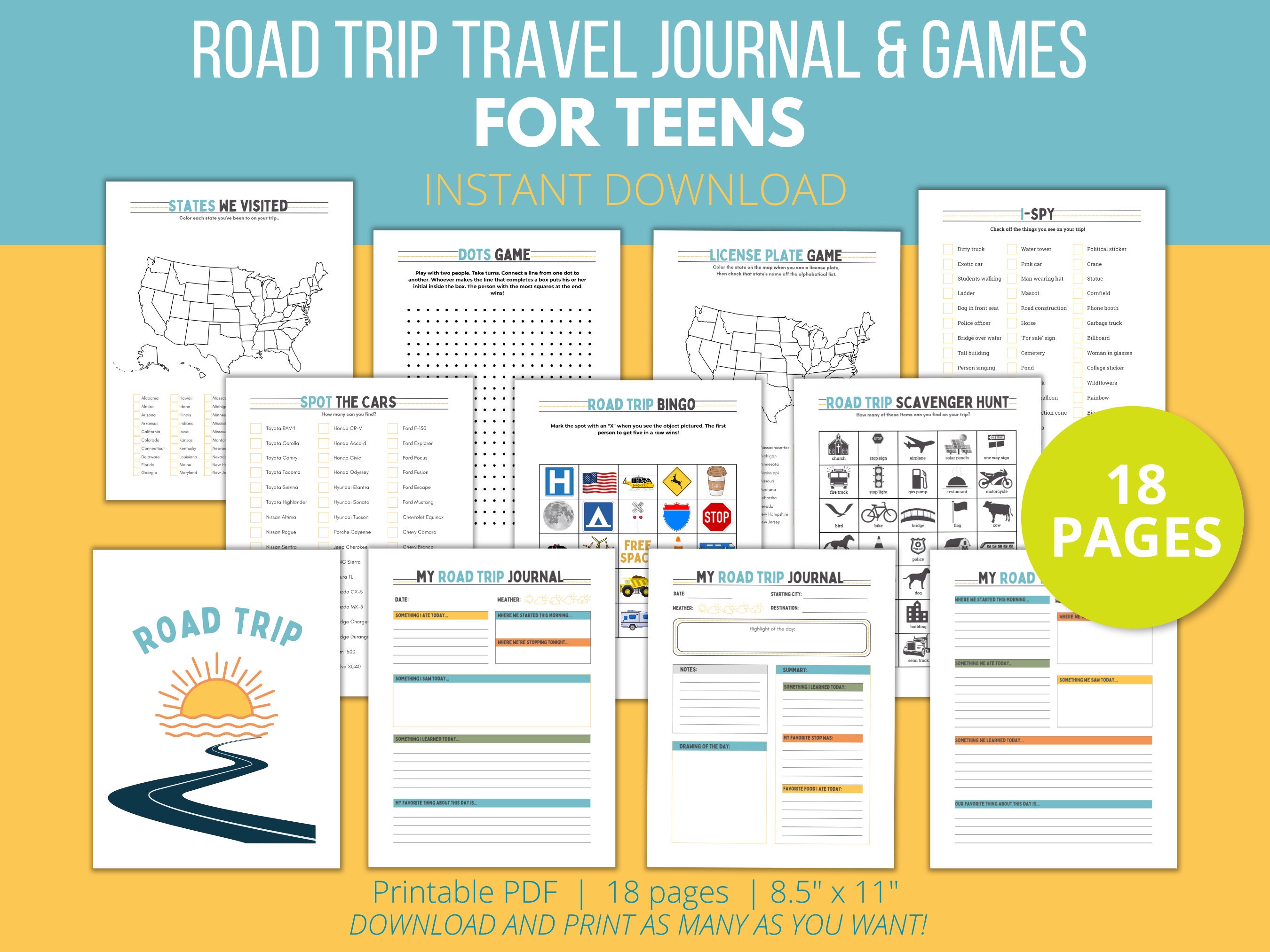 Road Trip Travel Journal and Games for Teens | Printable Travel Journal ...