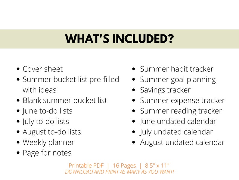 Teenage Summer Bucket List, Teen Summer Planner, Printable Bucket List ...