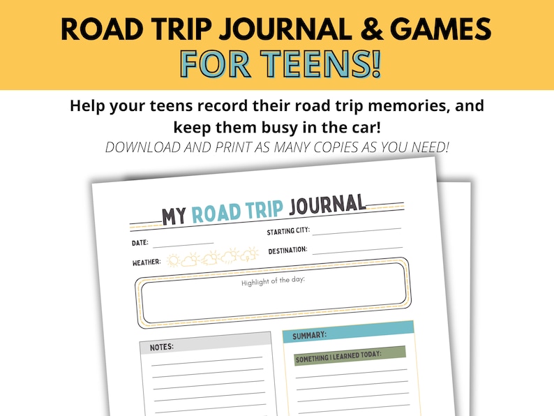 Road Trip Travel Journal and Games for Teens | Printable Travel Journal ...