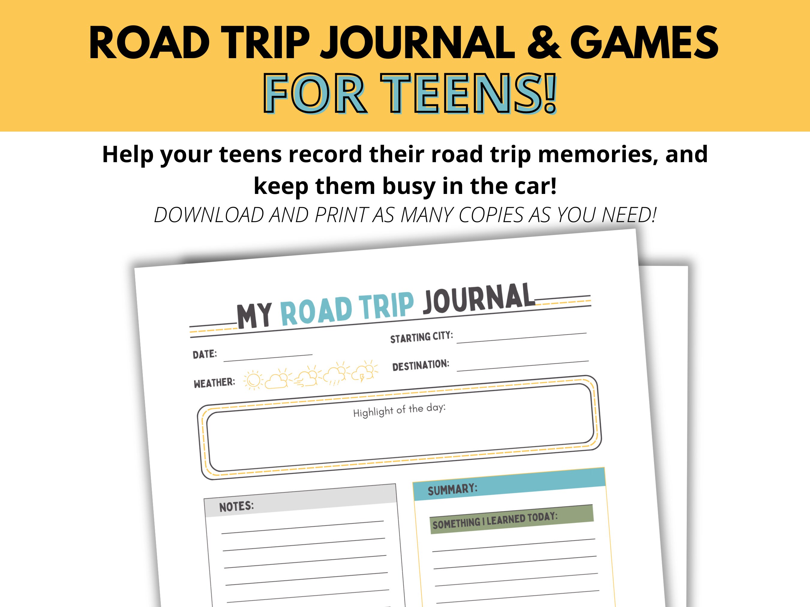 Road Trip Travel Journal and Games for Teens | Printable Travel Journal ...