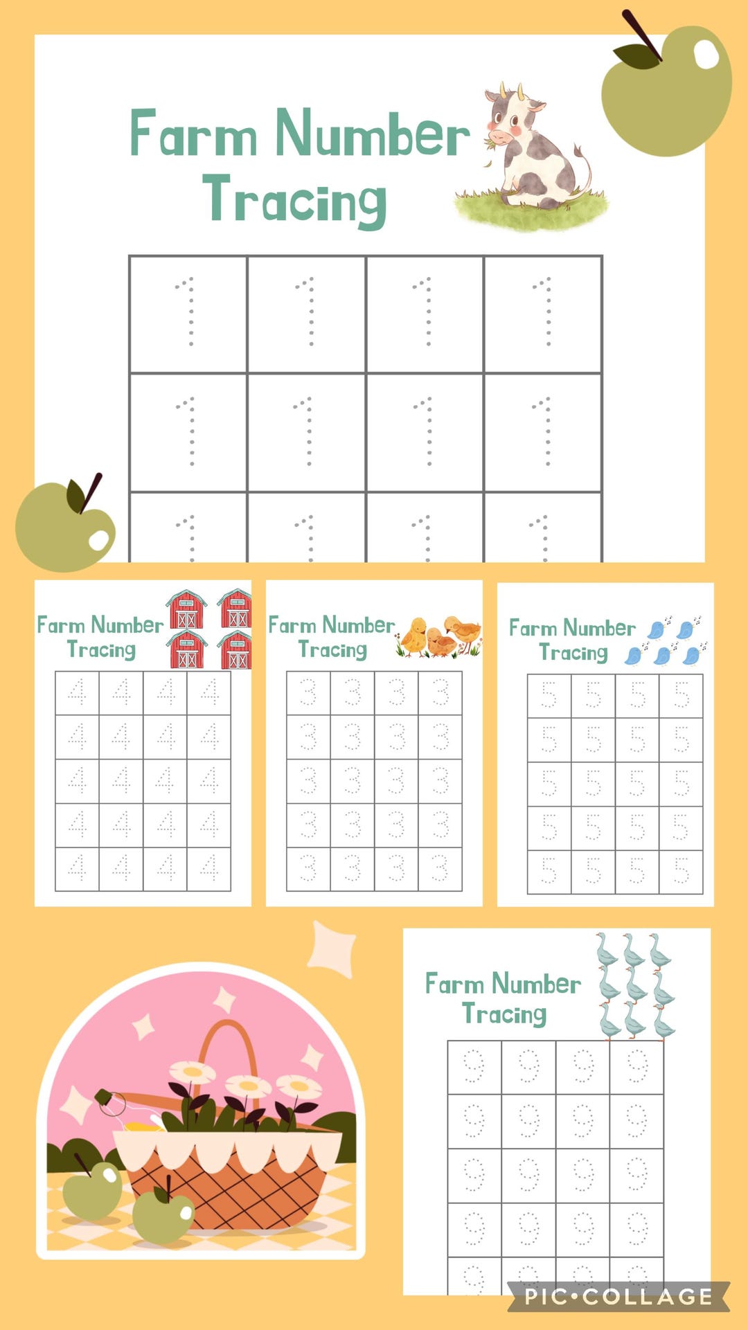 Farm Animals Number Tracing Preschool Worksheet Bundle With Numbers 0-9 ...