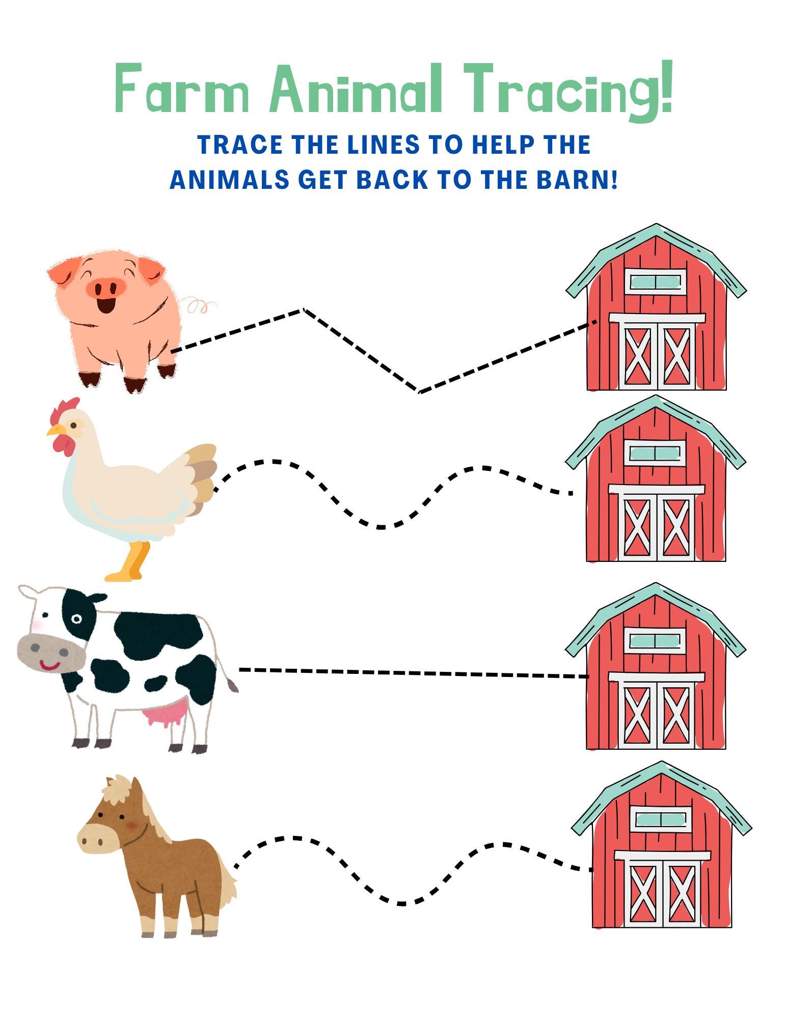 Farm Animal Preschool Tracing Worksheet! Help the Animals Get to the ...