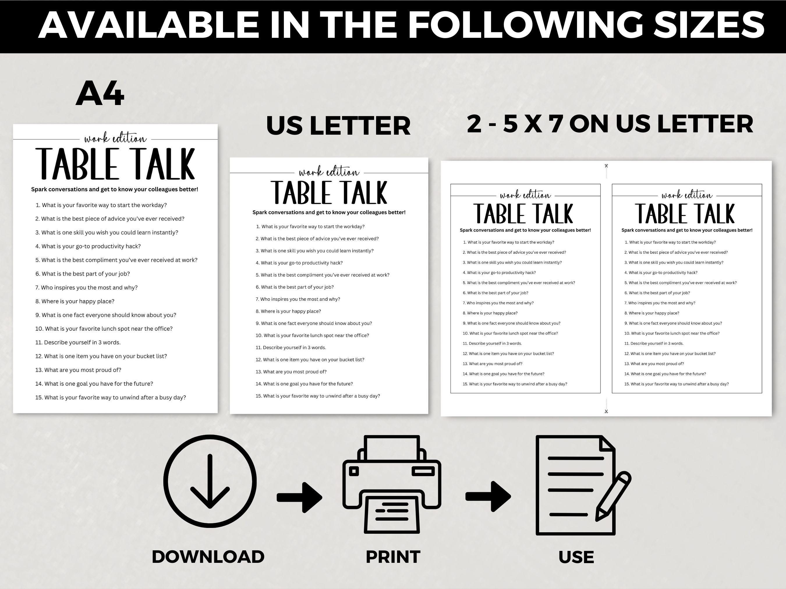 Work Party Games, Table Talk Icebreaker Game, Getting to Know You ...
