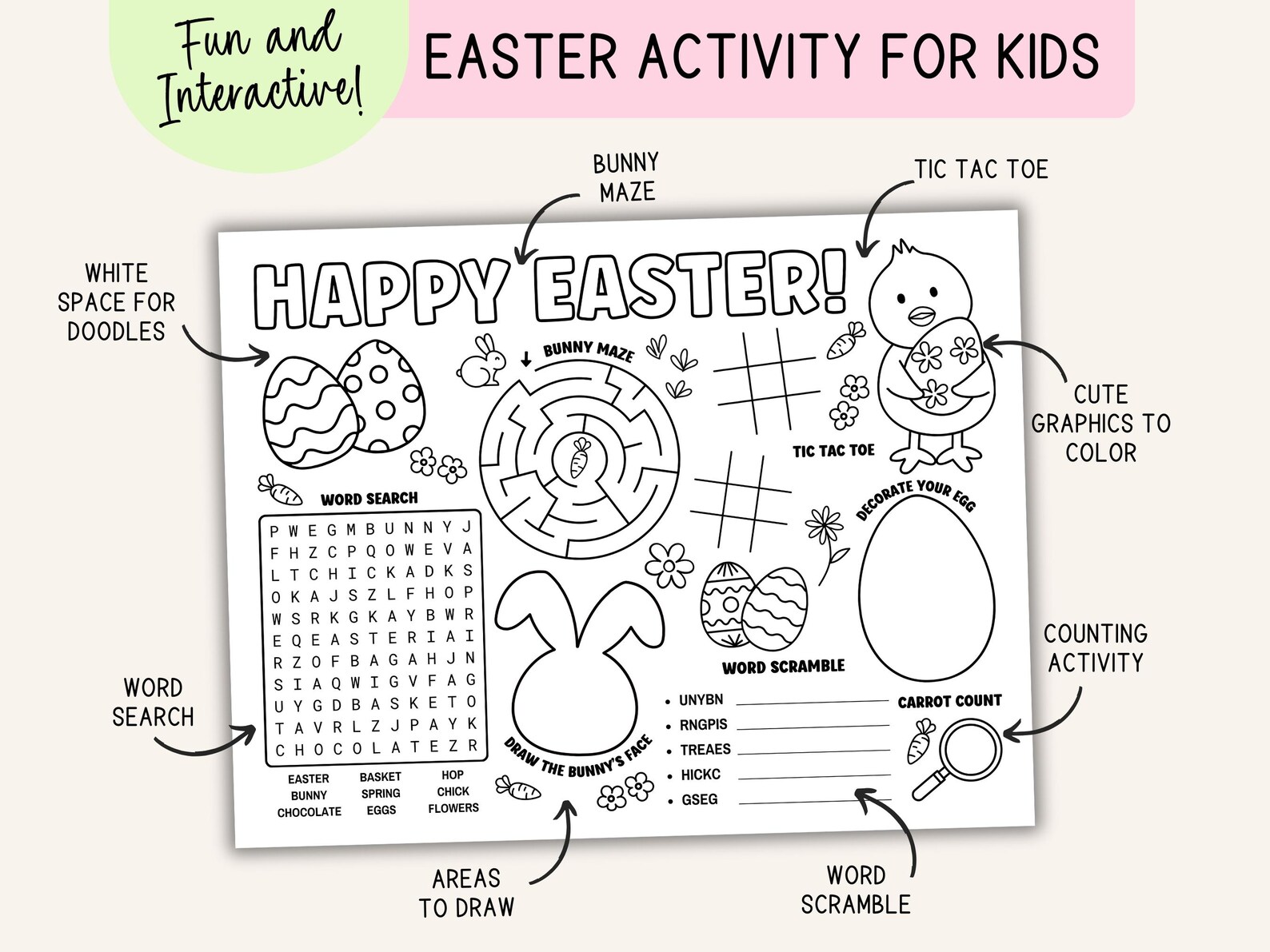 Easter Activity Placemat, Printable Kids Activity Sheet, Fun Easter ...