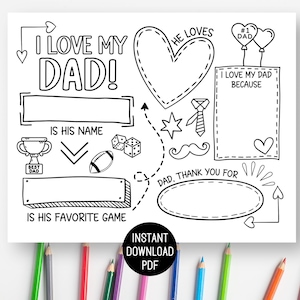 Fathers Day Gift, Kids Craft, I Love My Dad Printable Coloring Sheet ...
