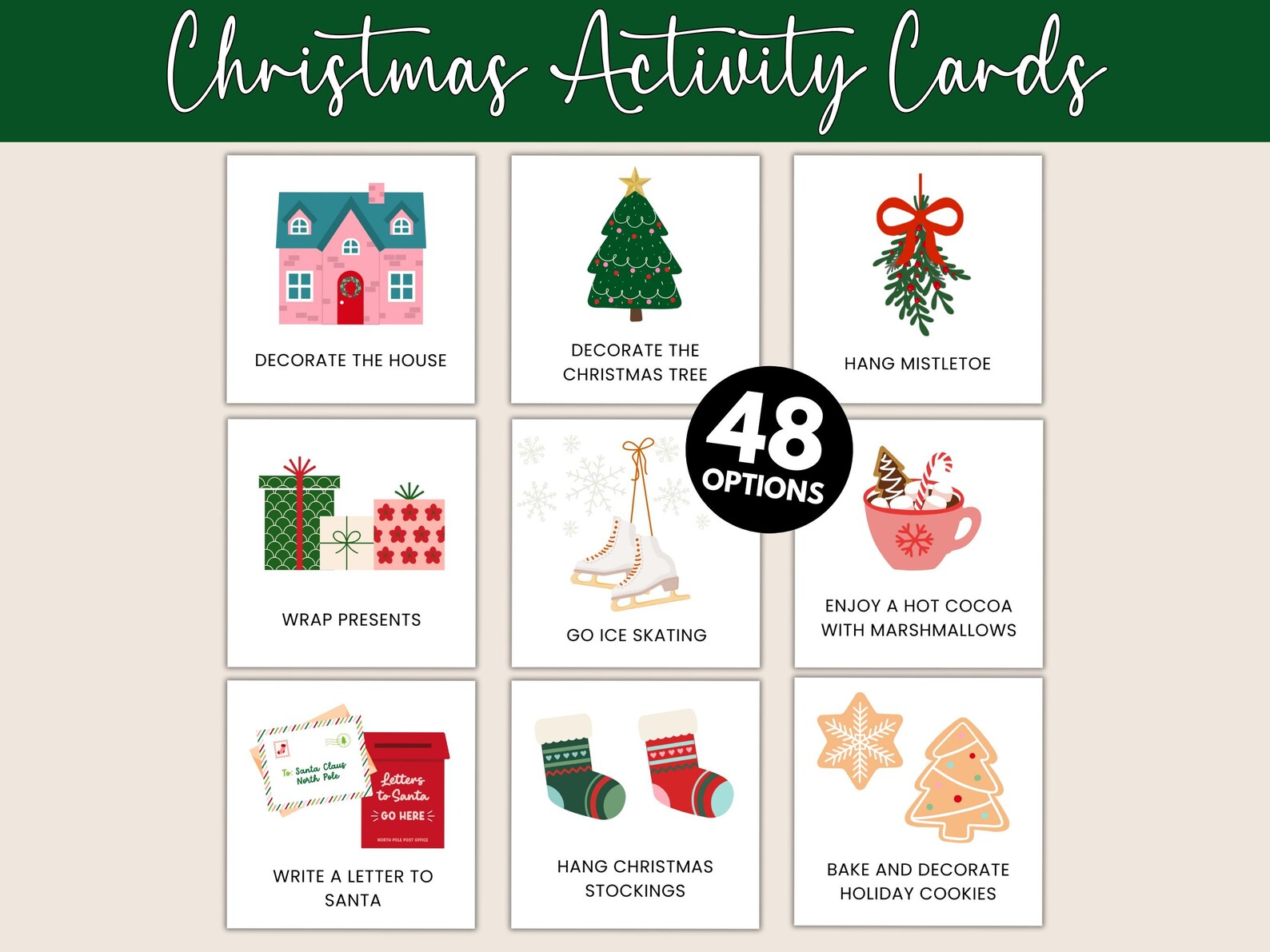 Advent Calendar Activity Cards, Christmas Countdown Cards, Christmas ...