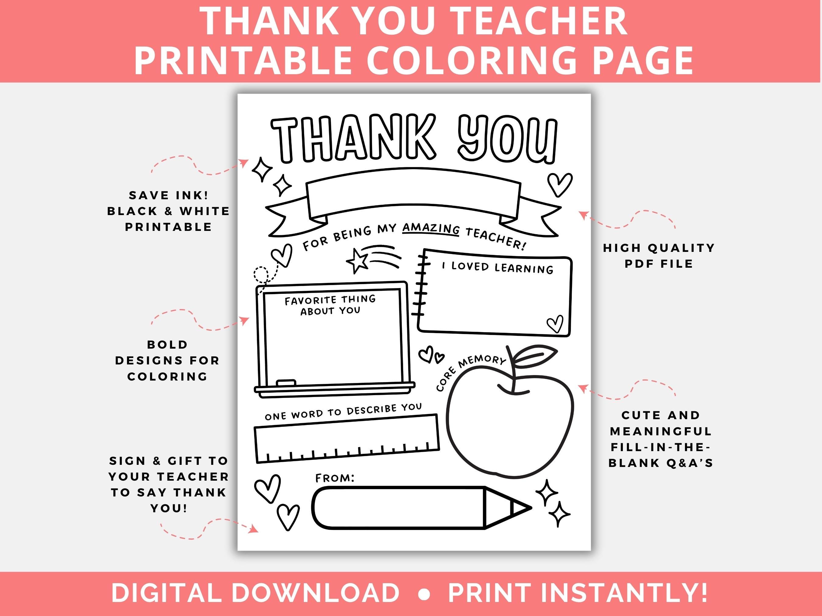 Teacher Appreciation Printable Coloring Page, Thank You Teacher, Unique ...