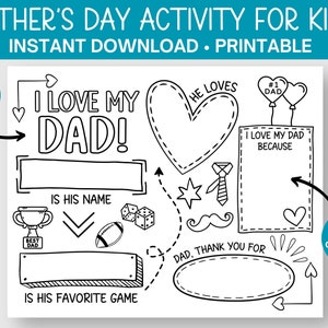 Fathers Day Gift, Kids Craft, I Love My Dad Printable Coloring Sheet ...