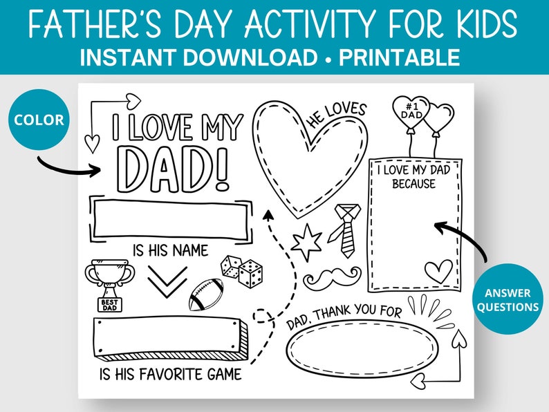 Fathers Day Gift, Kids Craft, I Love My Dad Printable Coloring Sheet ...