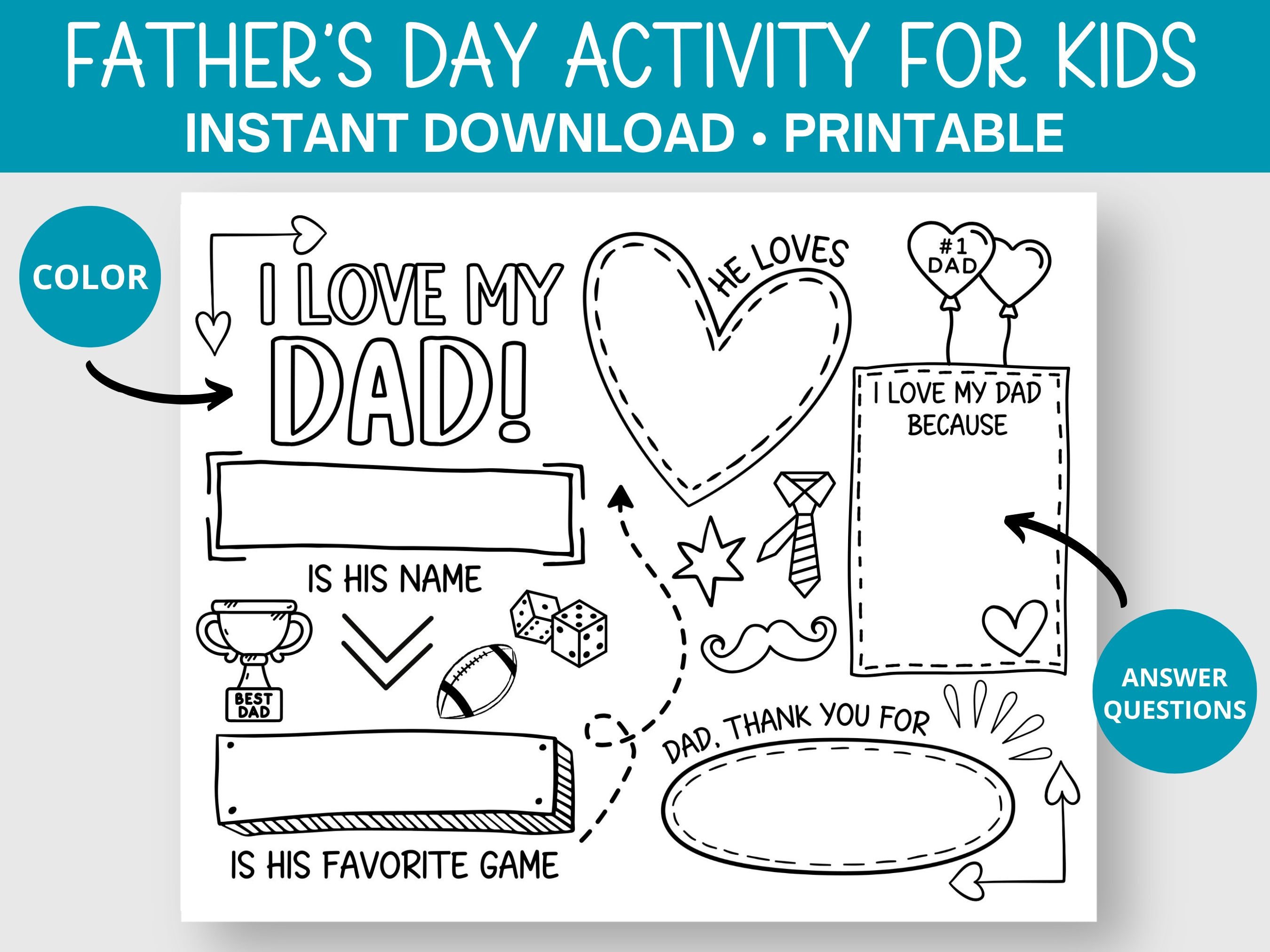 Fathers Day Gift, Kids Craft, I Love My Dad Printable Coloring Sheet ...