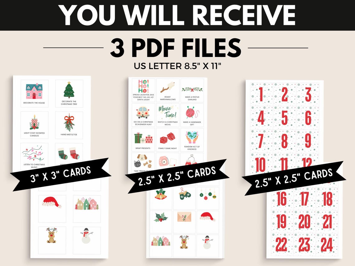 Advent Calendar Activity Cards, Christmas Countdown Cards, Christmas ...
