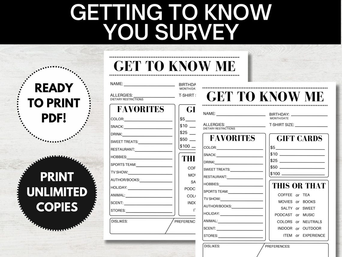 Getting to Know You Printable, All About Me Survey, Favorite Things ...