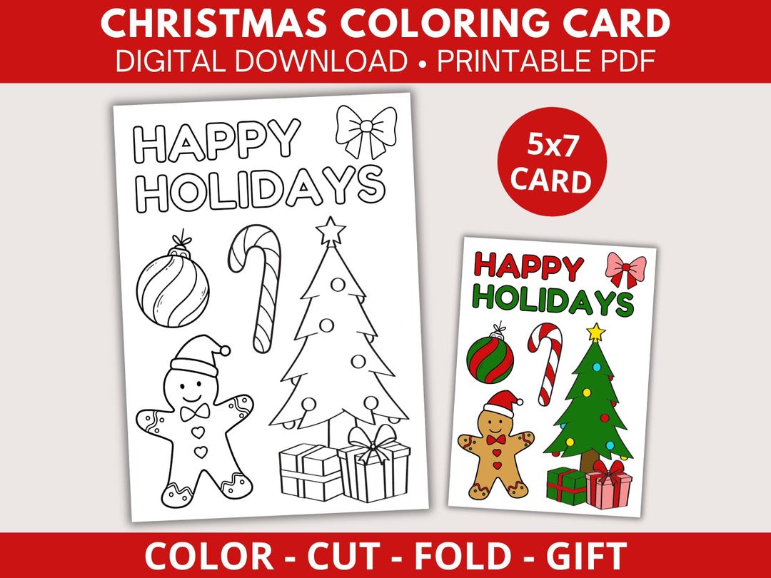 Christmas Coloring Card, Printable Holiday Cards, Christmas Cards for ...